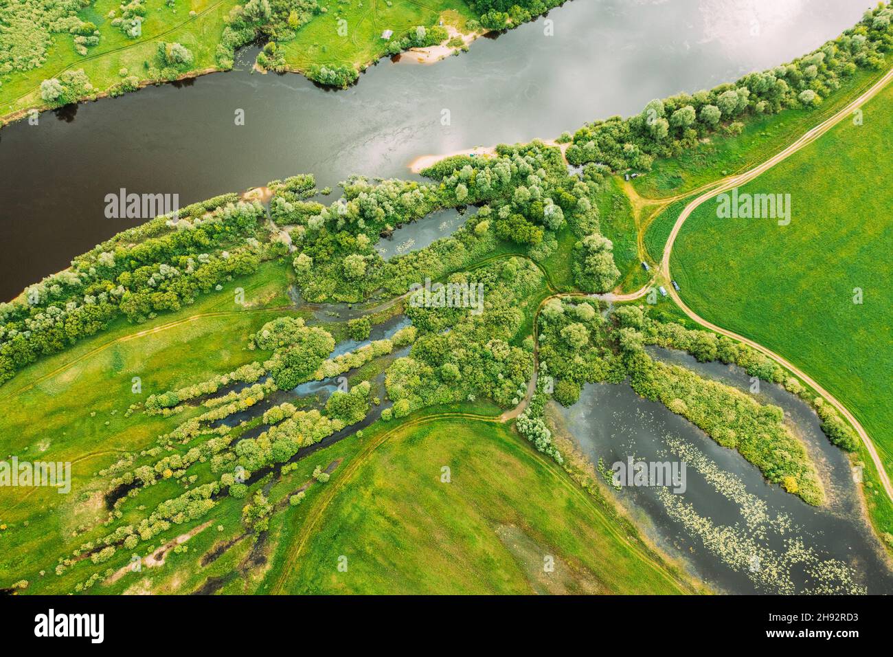 Aerial View Of Green Forest, Meadow And River Marsh Landscape In Summer ...