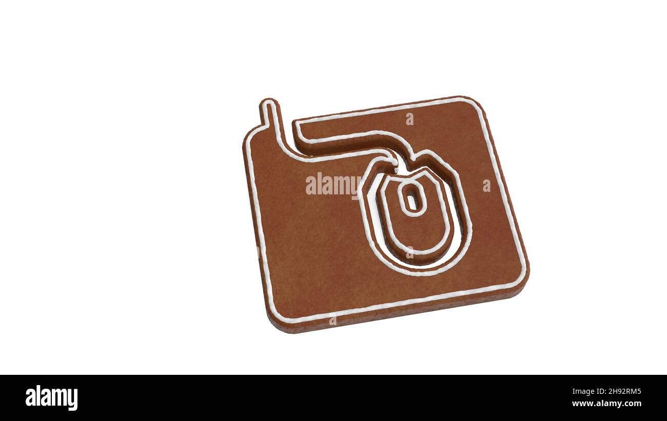 3d Rendering Of Gingerbread Cookie In Shape Of Symbol Of Mousepad With Mouse And Wire Isolated