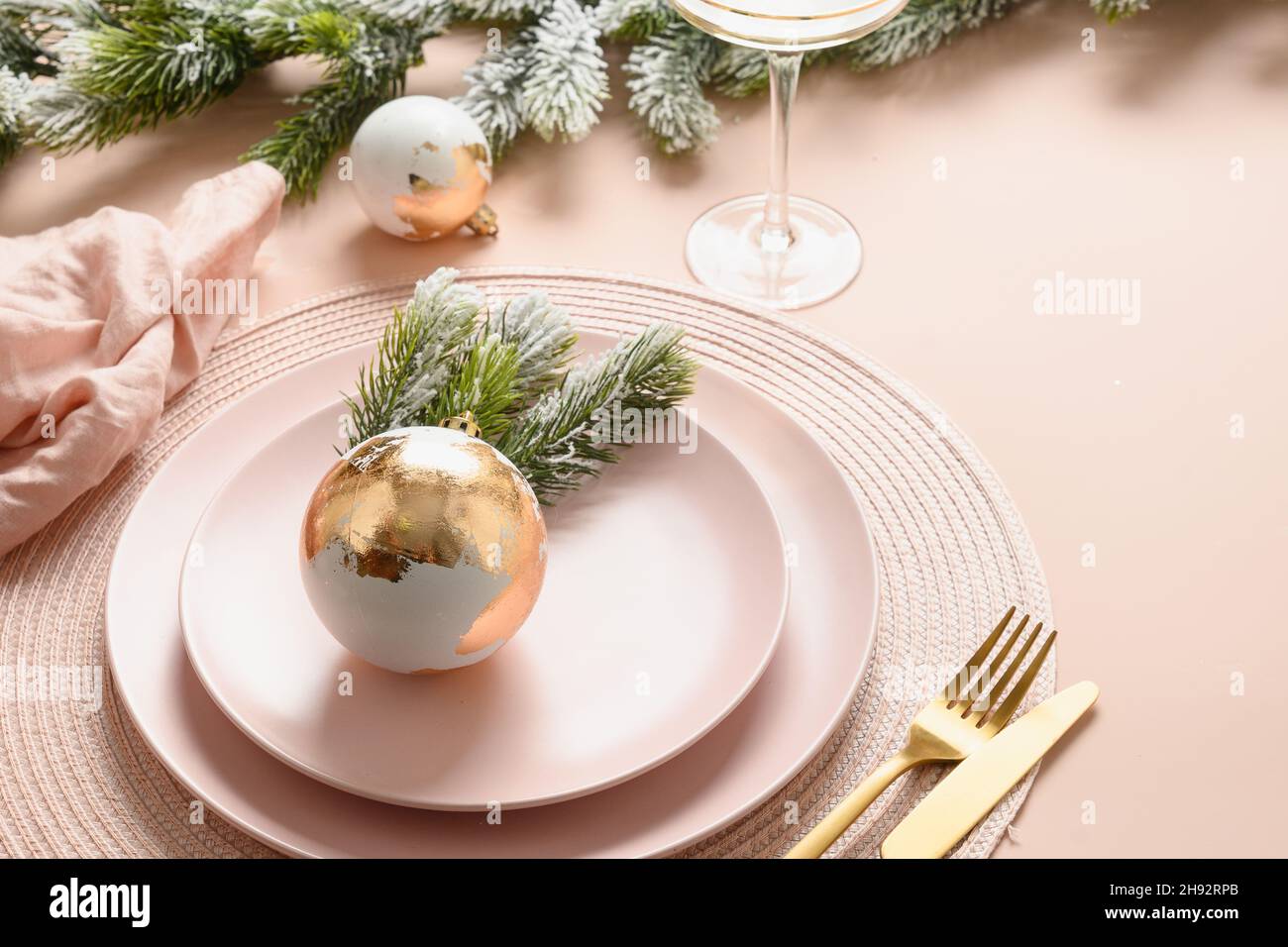 Christmas monochrome table setting with pink and gold modern decoration ...
