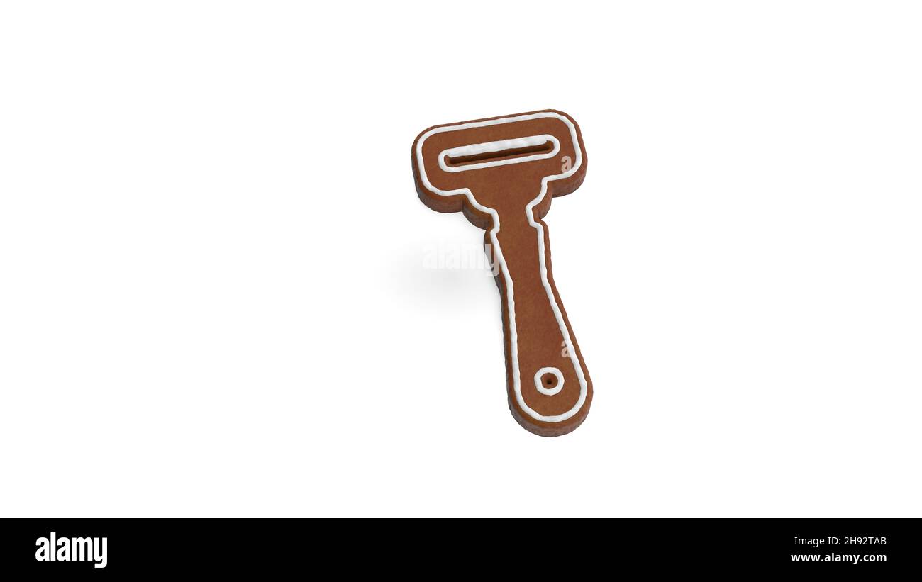 3d Rendering Of Gingerbread Cookie In Shape Of Symbol Of Razor Blade For Shaving Isolated On