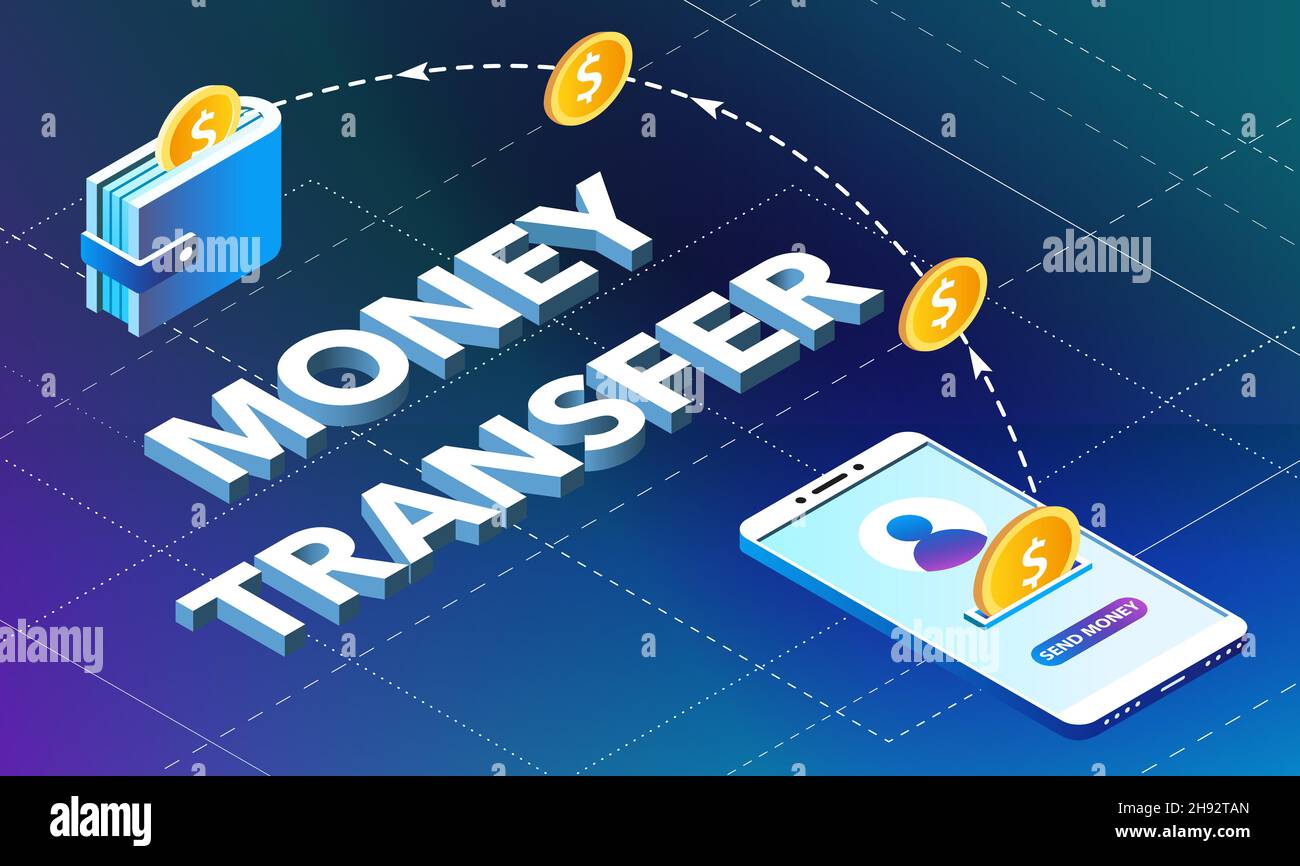 Money transfer from smartphone to wallet. Isometric vector concept ...