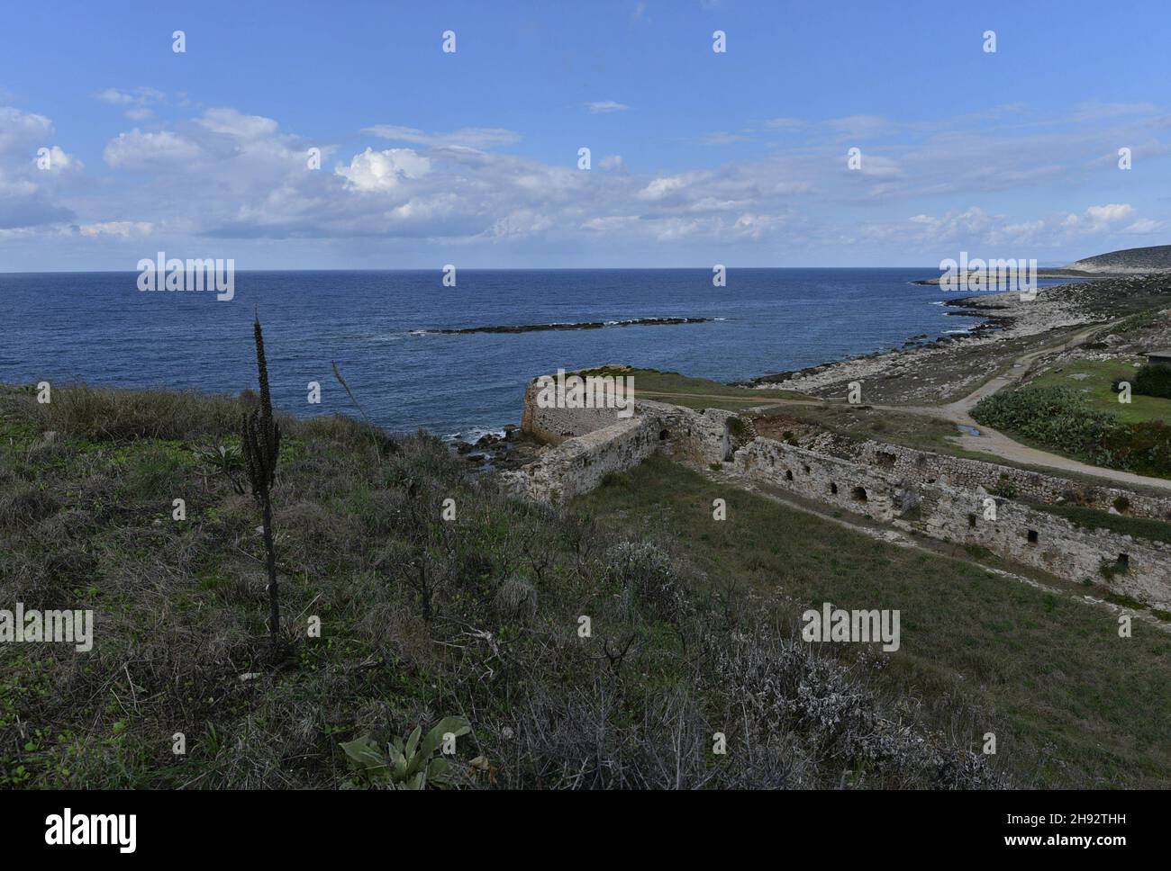 Seaside landscape with panoramic view of Methoni Castle a medieval ...