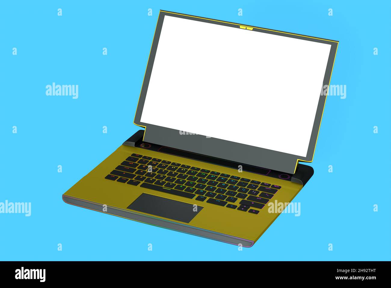 3d rendering of modern gold gaming laptop with rgb lights isolated on ...