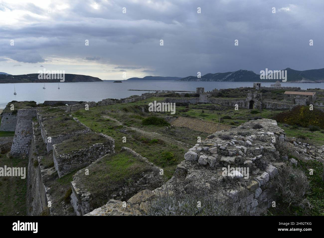 Seaside landscape with panoramic view of Methoni Castle a medieval ...