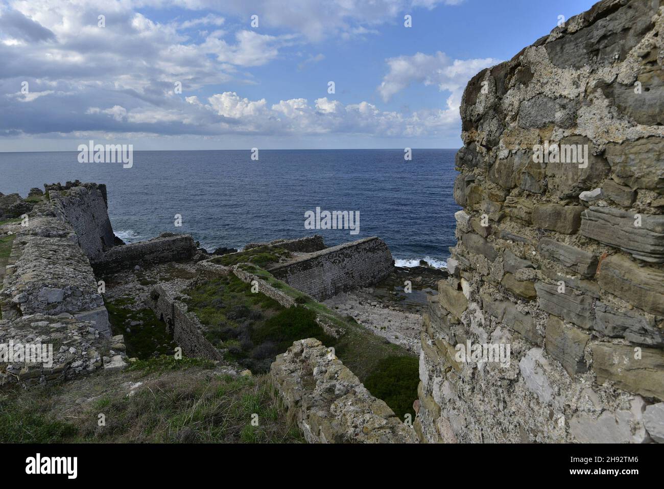 Seaside landscape with panoramic view of Methoni Castle a medieval ...