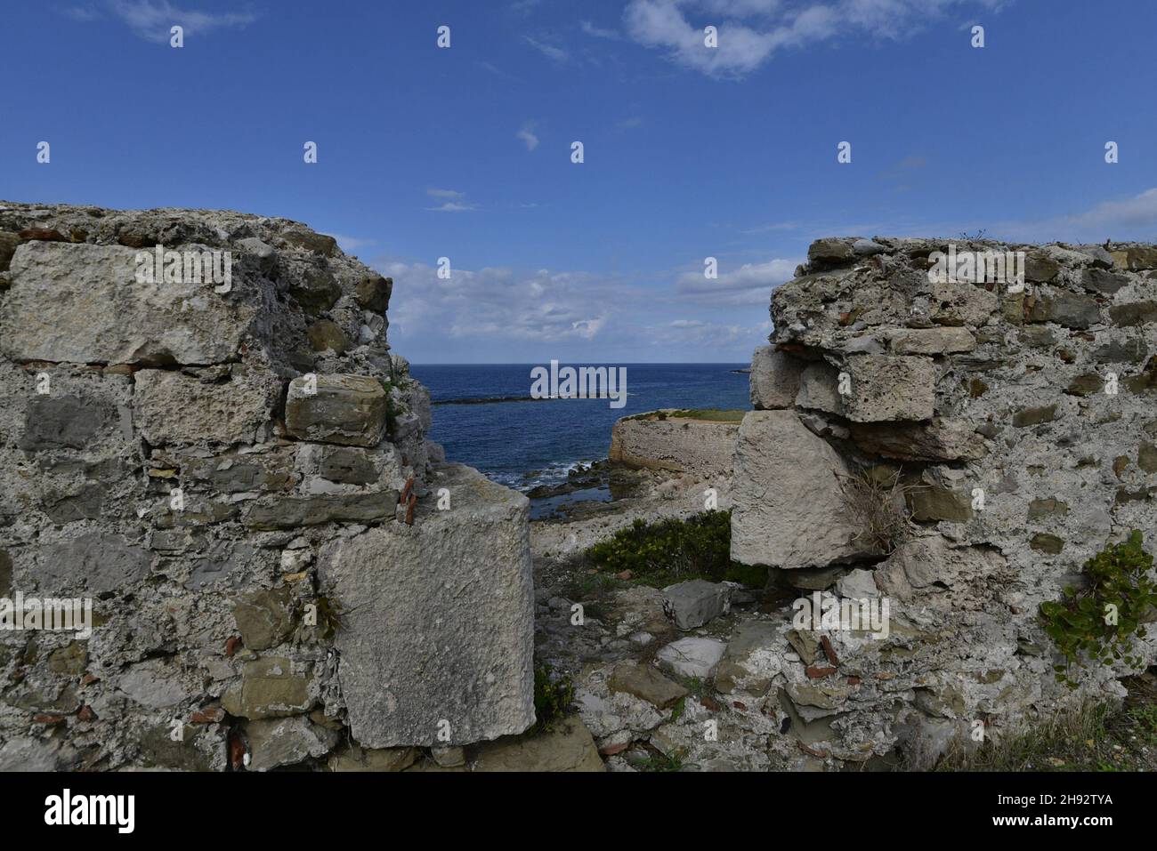 Seaside landscape with panoramic view of Methoni Castle a medieval ...