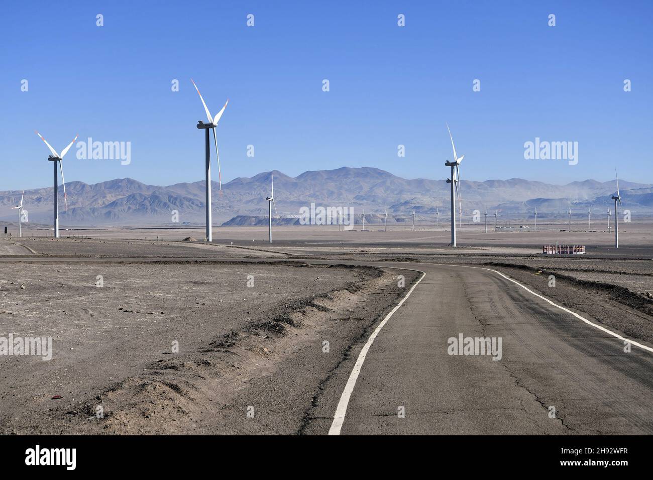 Landscape with wind turbines in the Atacama desert in northern Chile ...
