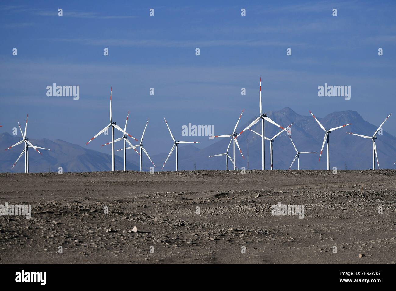 View of a wind turbine farm in the open area; Atacama desert in ...