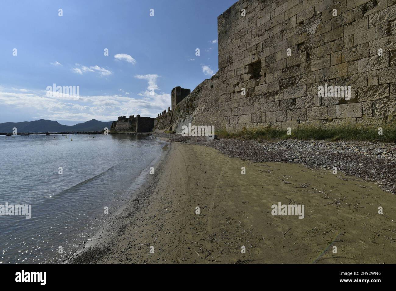 Seaside landscape with panoramic view of Methoni Castle a medieval ...