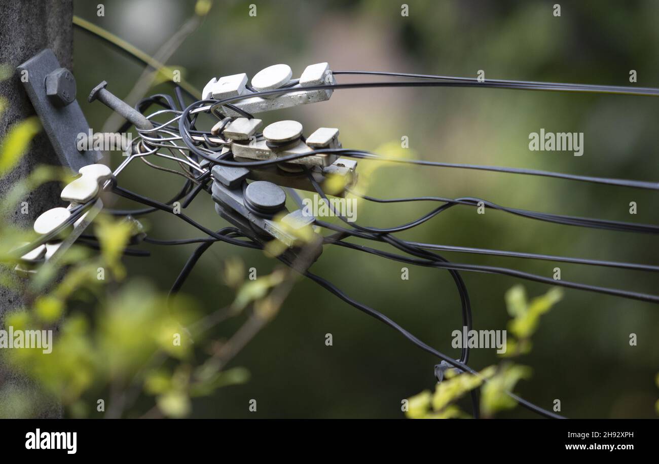 Selective focus shot of telecom wire connection at the pole Stock Photo ...