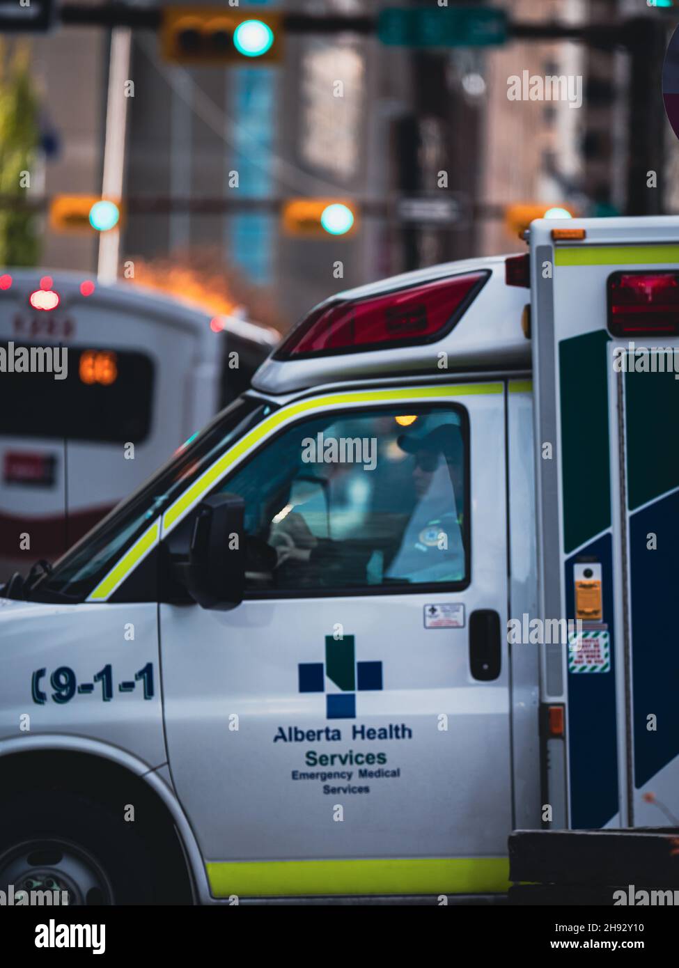 CALGARY, CANADA - Oct 24, 2021: An Alberta ambulance waiting to merge ...