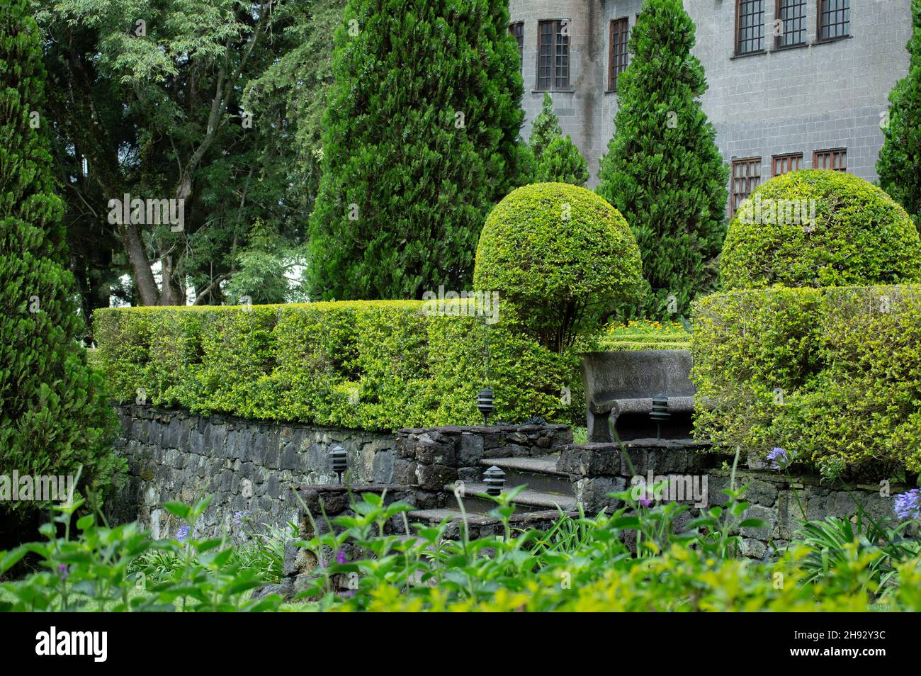 Beautiful landscape with trees and topiary at an estate garden Stock ...