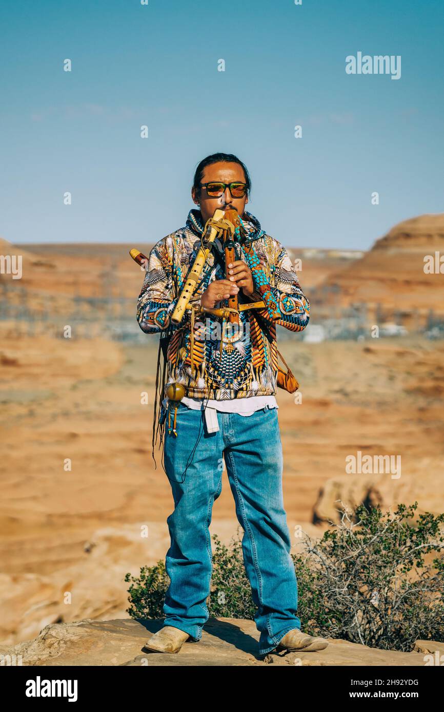 Arizona, USA- September 30, 2021 Native American flute player ...