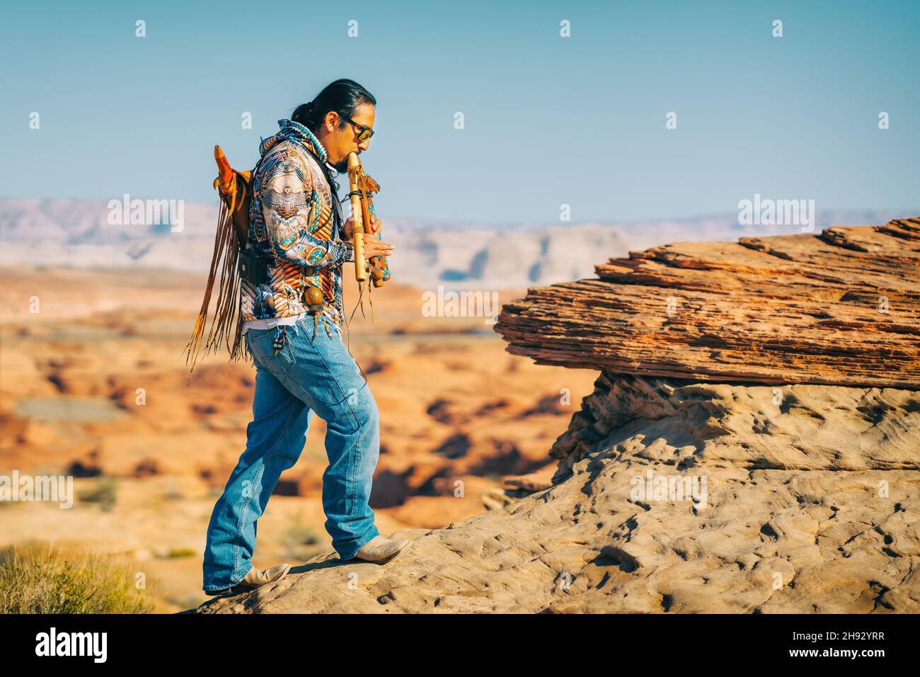 Arizona, USA- September 30, 2021 Native American flute player ...