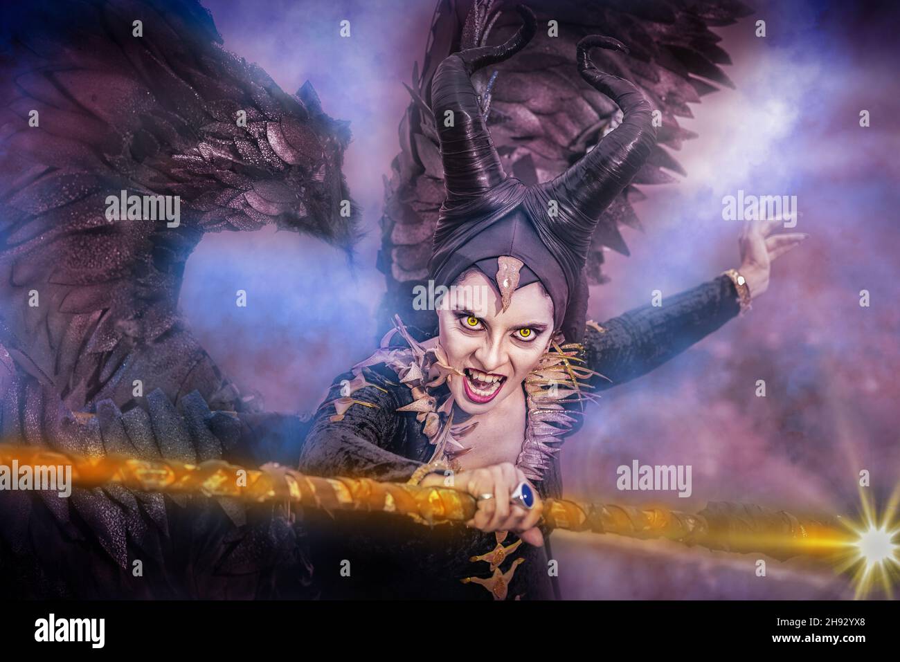 MALEFIC COSPLAY. PORTRAIT, DARK CHARACTER WITH SHARP HORNS AND STRONG ...