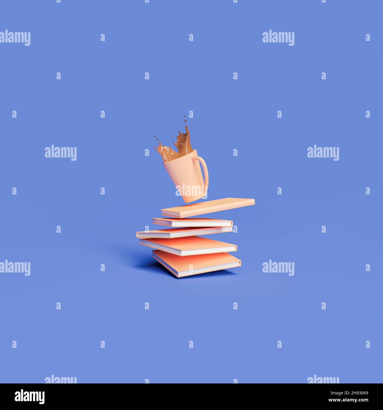 pile of cluttered books with a coffee cup splashing. minimalist concept ...