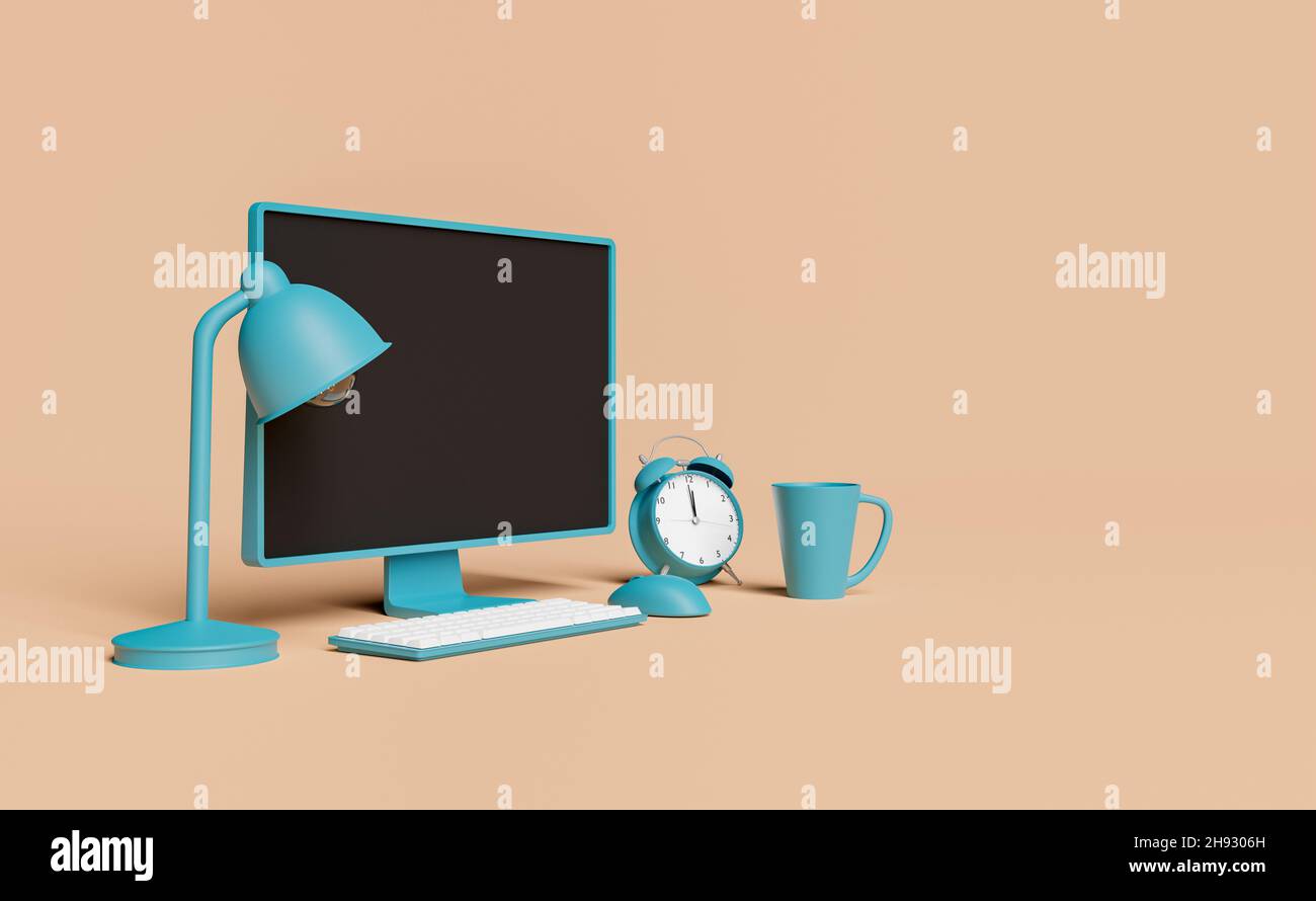 minimalistic scene of a Computer Screen with clock, lamp and coffee cup ...