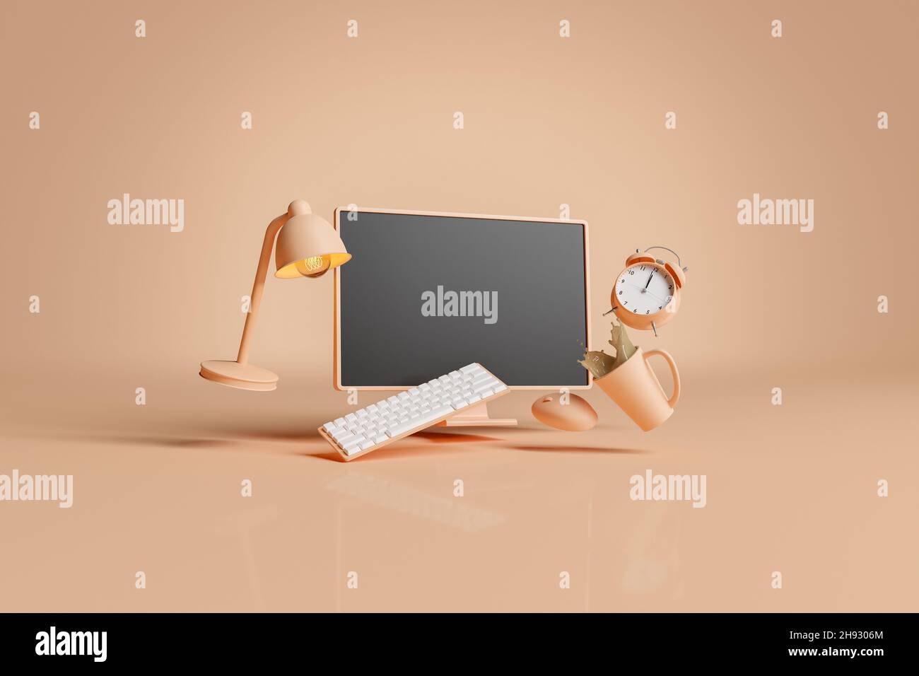 Computer Screen with keyboard, clock, lamp, mouse and coffee floating ...