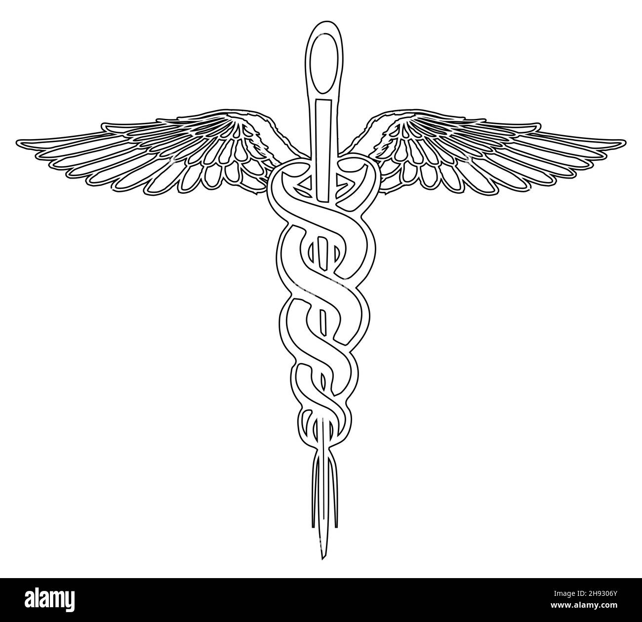 The Caduceus Medical Symbo in black line drawing isolated on a white ...