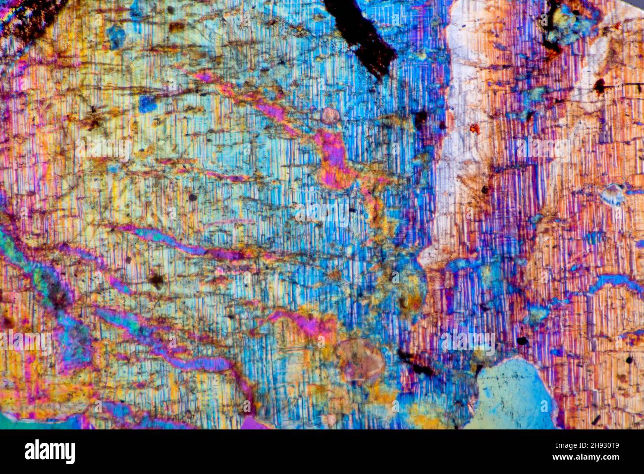 Feldspar mineral, thin section viewed with polarized lighting ...