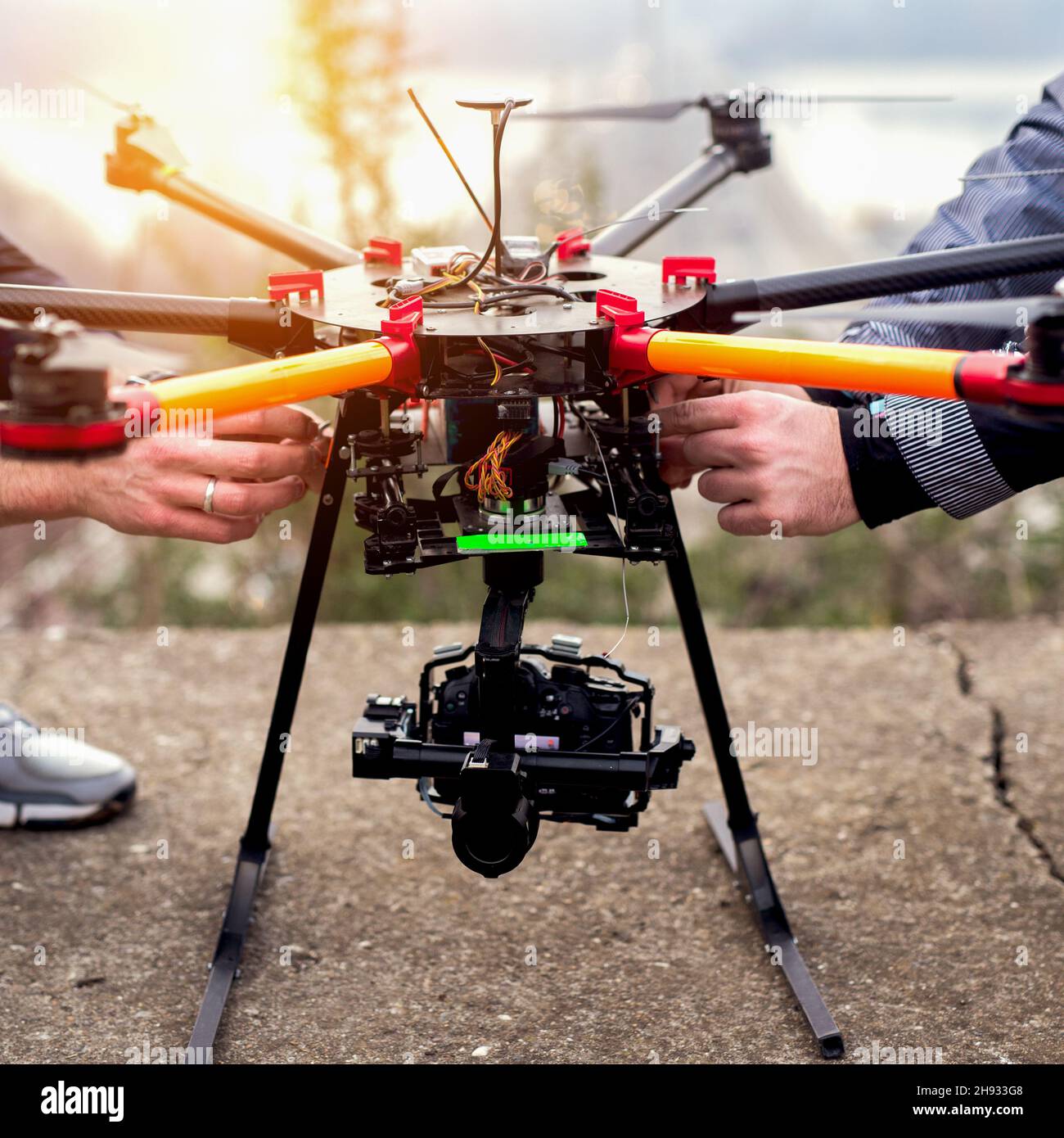 Future of recording filming photographing. Preparing drone for take of ...