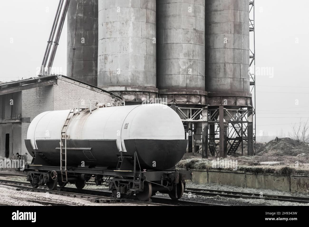 Fertilizer chemical tank on the rails of the railway industrial station ...