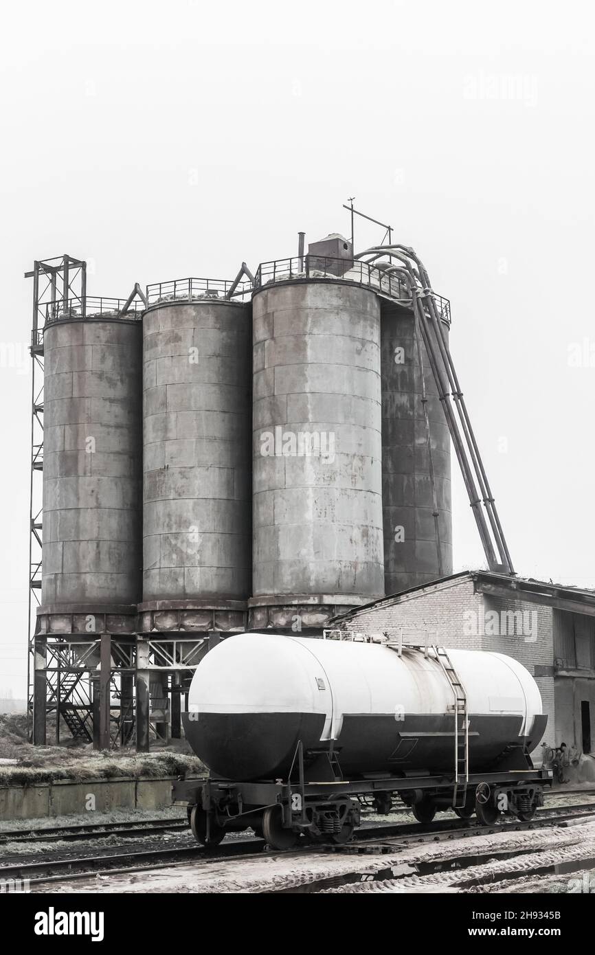 Fertilizer chemical tank on the rails of the railway industrial station ...