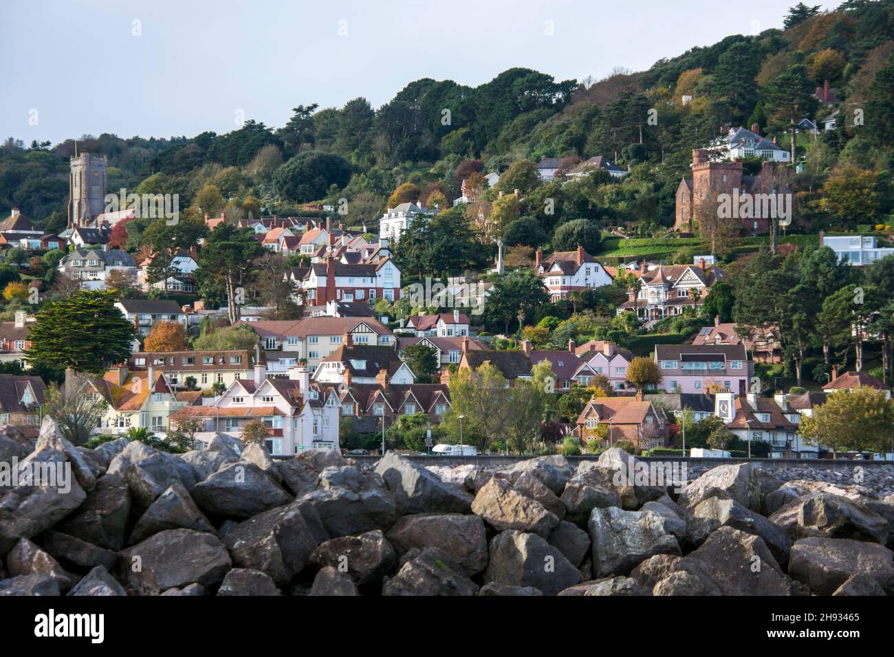 A view of Minehead,Somerset looking towards North Hill from the beach ...