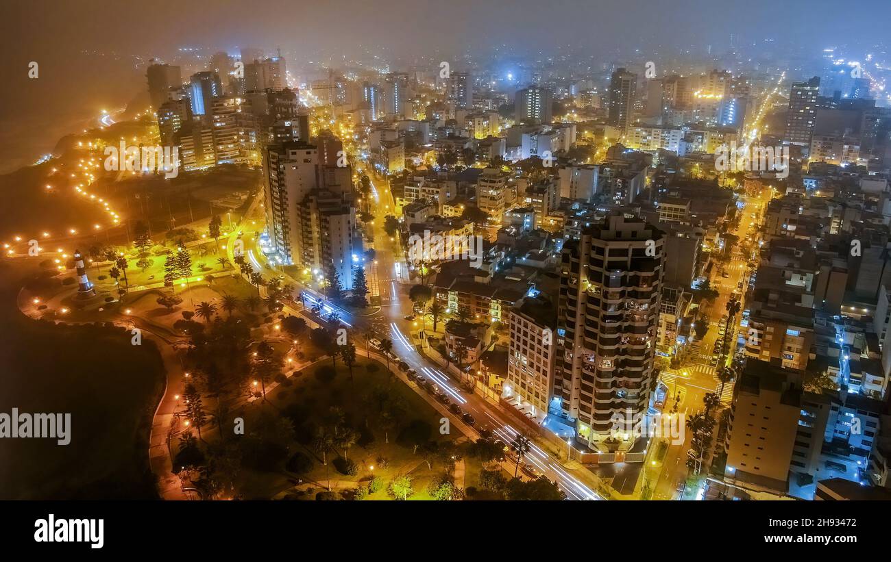 Aerial night view over Miraflores District in Lima Peru Stock Photo - Alamy