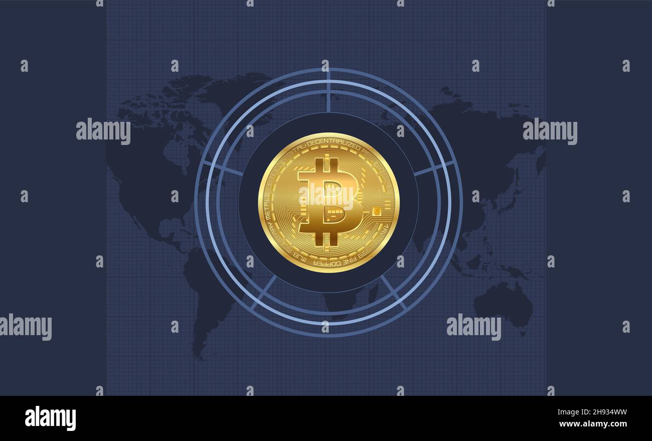 Bitcoin and world map, infographics blue flat design on graph paper ...