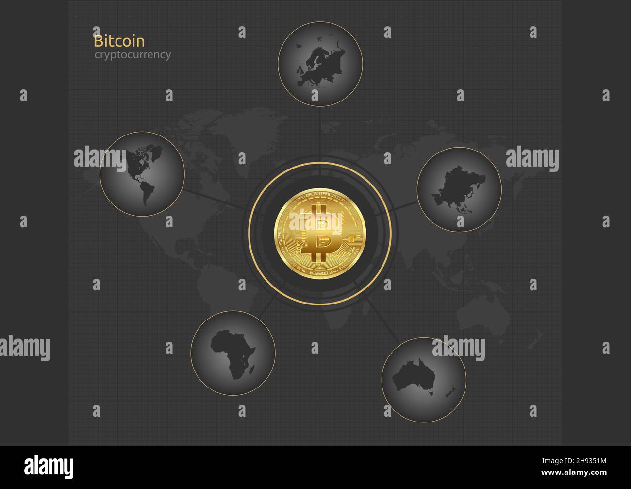 Bitcoin and continents map, infographics black flat design on graph ...
