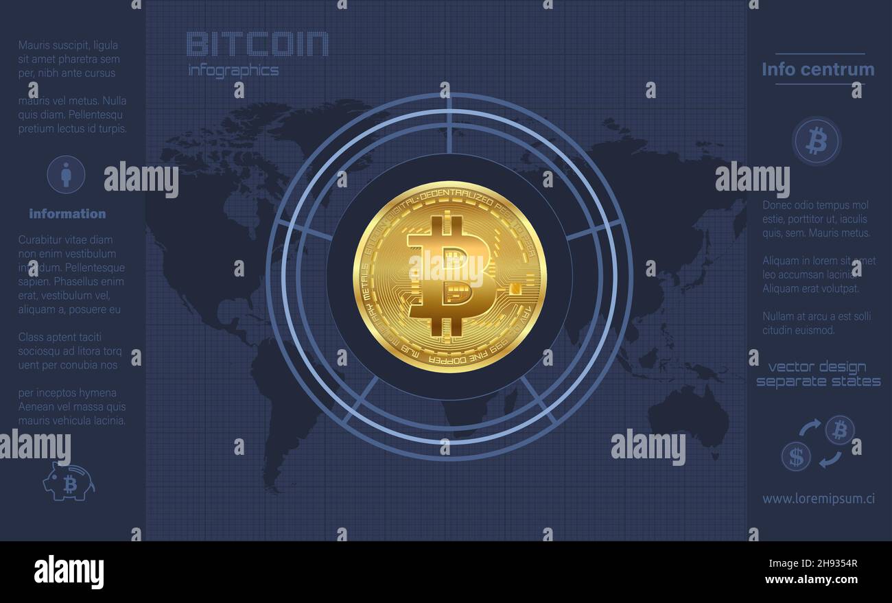 Bitcoin and world map, infographics blue flat design on graph paper and ...
