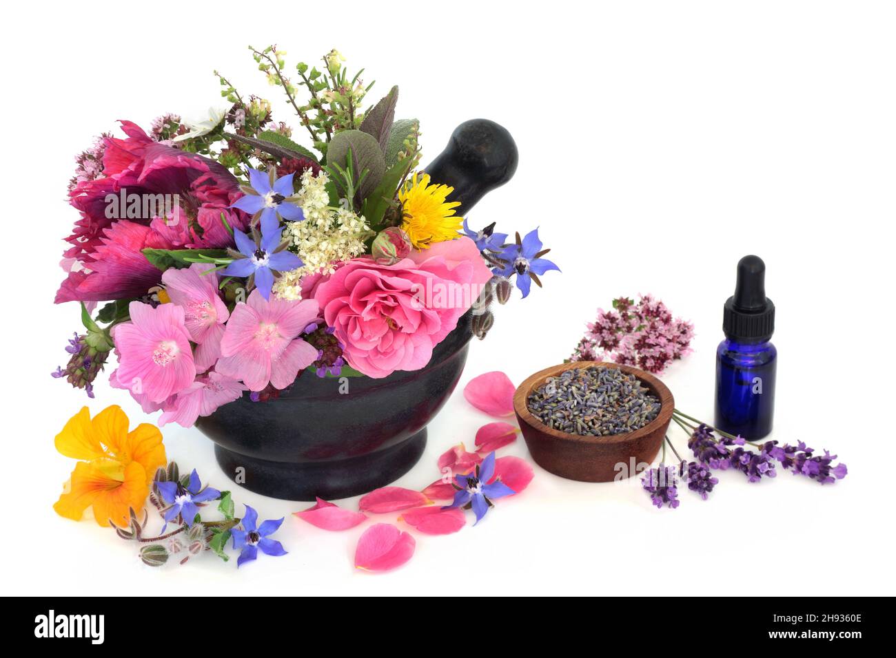 Medicinal flowers and herbs for aromatherapy oils in a mortar with ...
