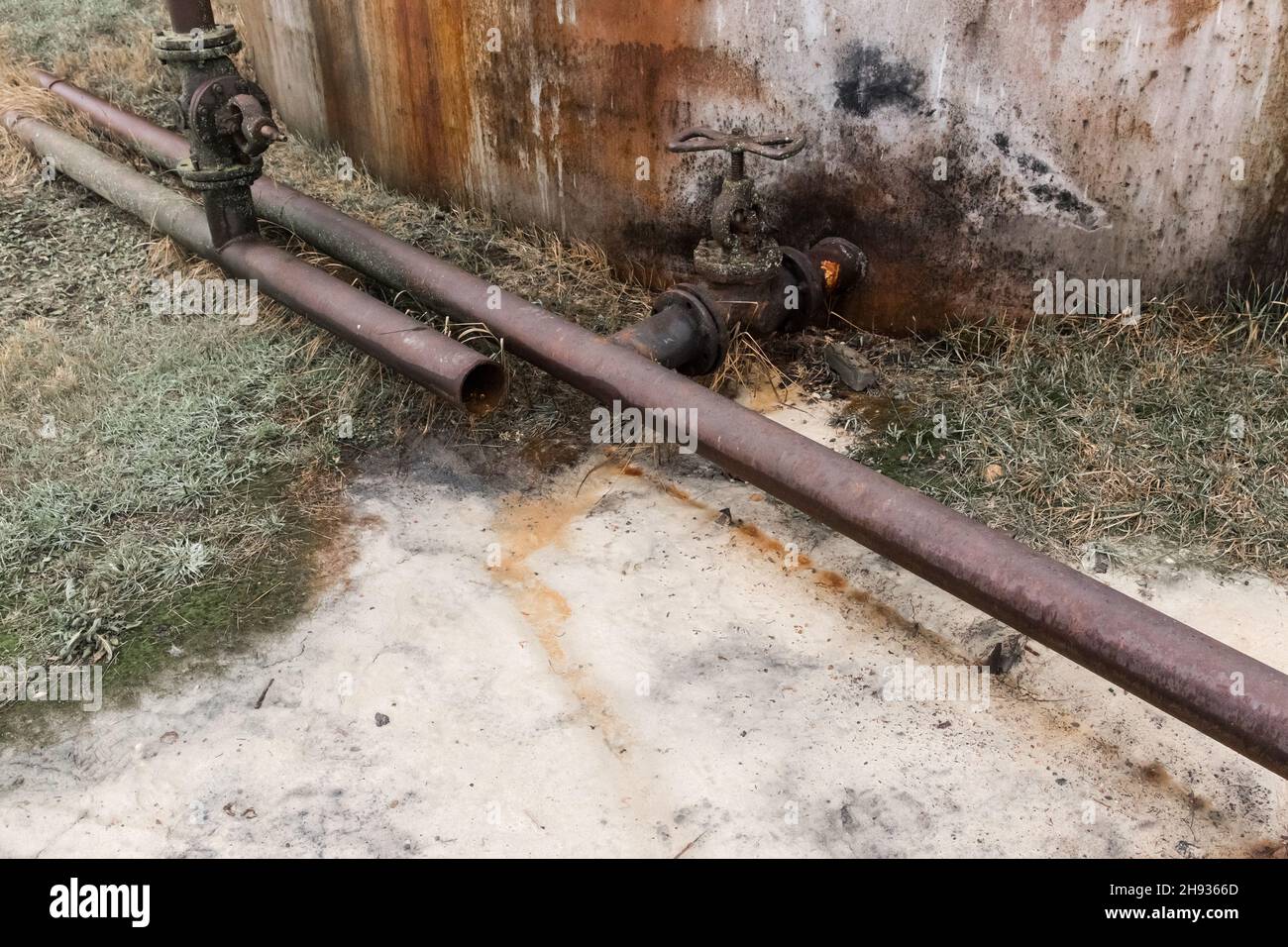 Discharge of chemical toxic waste from an old pipeline. Pollution of ...