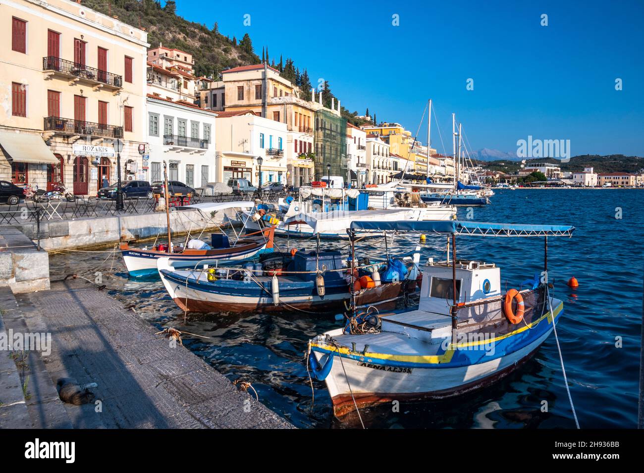 fishing boats and waterfront buildings in Gytheio, Greece Stock Photo ...