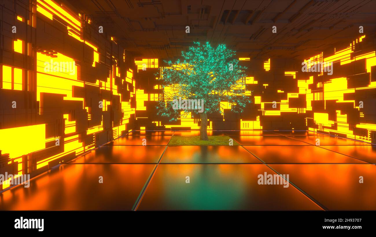 a neon glowing tree in a futuristic room (3d rendering Stock Photo - Alamy