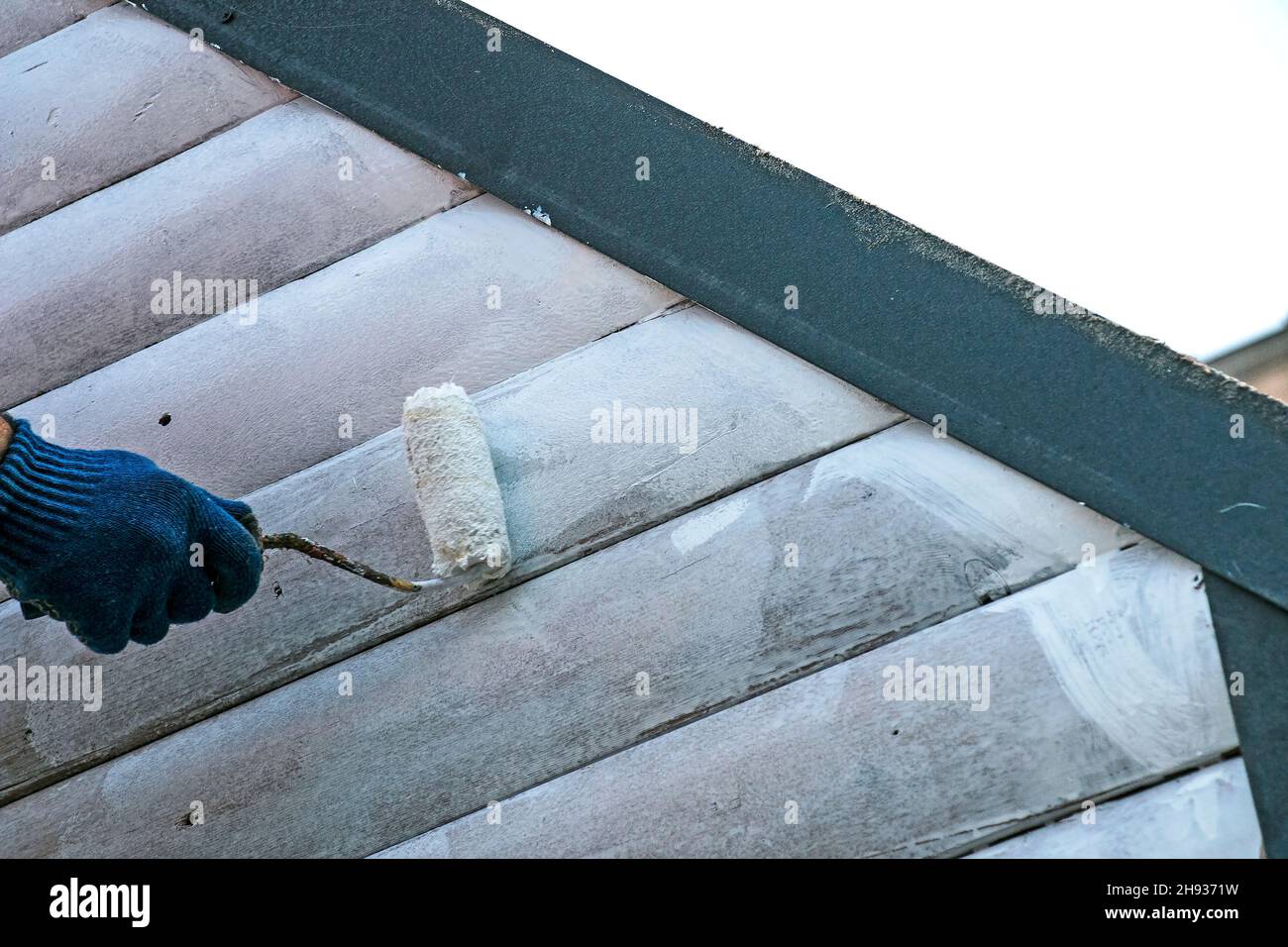 Closeup of a worker's hand painting the wall with a cushion. Painting ...