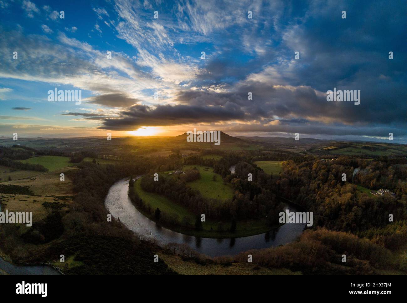Sunset at Scott's View looking across the River Tweed, over Old Melrose ...