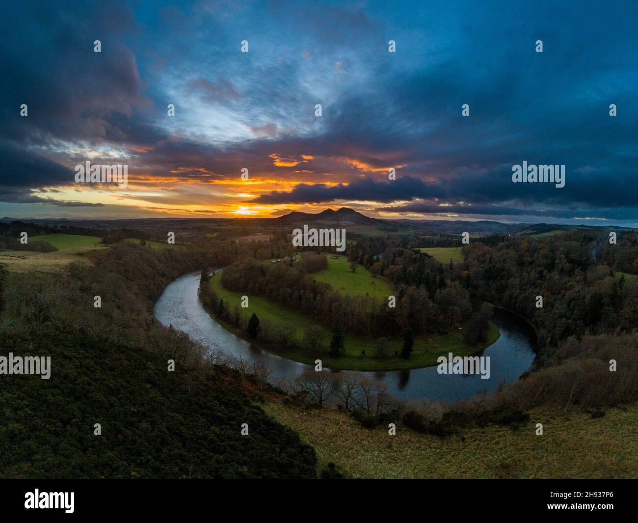 Sunset at Scott's View looking across the River Tweed, over Old Melrose ...