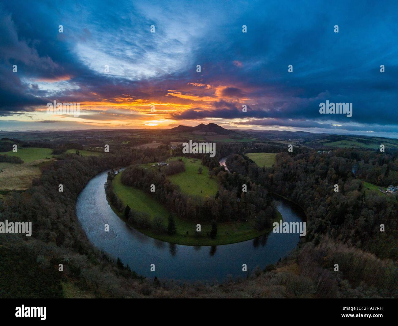 Sunset at Scott's View looking across the River Tweed, over Old Melrose ...