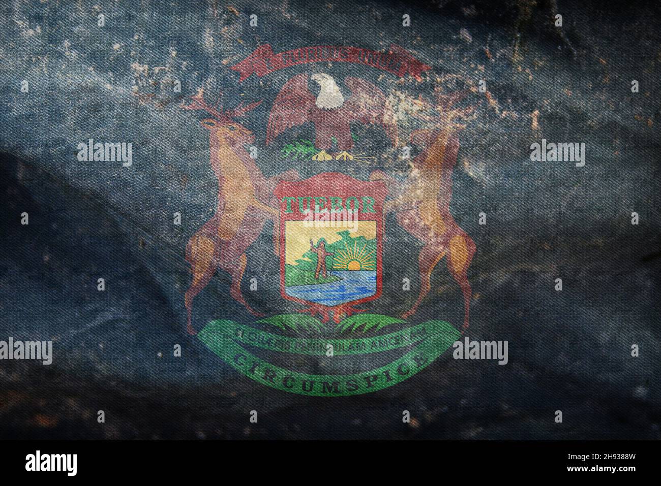 Top view of retro flag of African Americans of Michigan state, untied ...