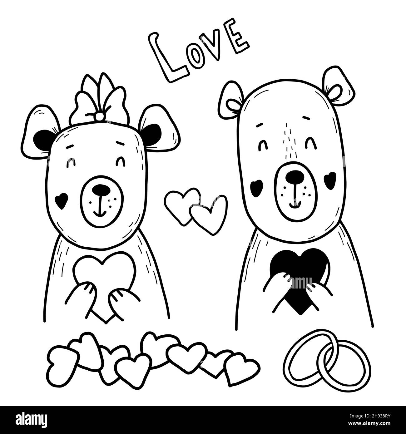 Set with cute couple of bears in love with hearts on background of ...