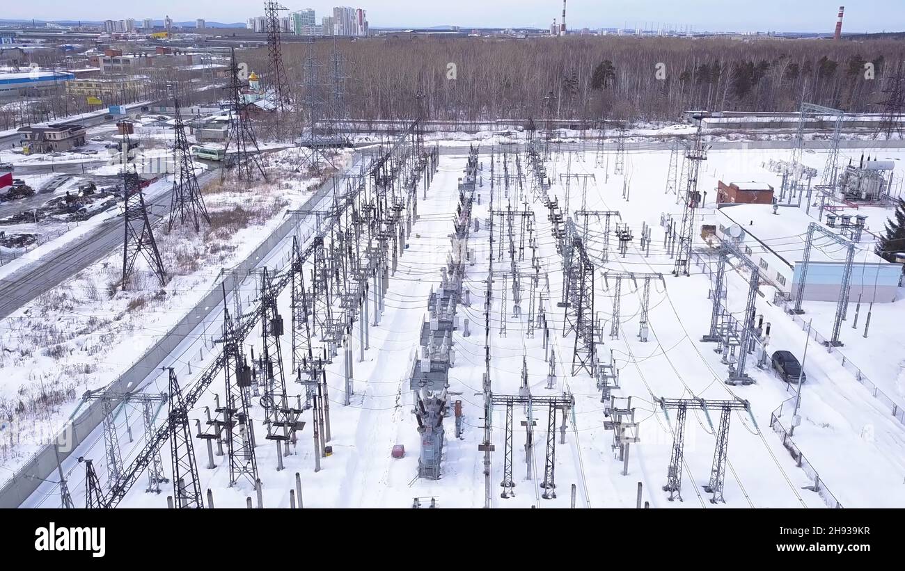 Rows of electric poles of substation. Action. Top view of small ...