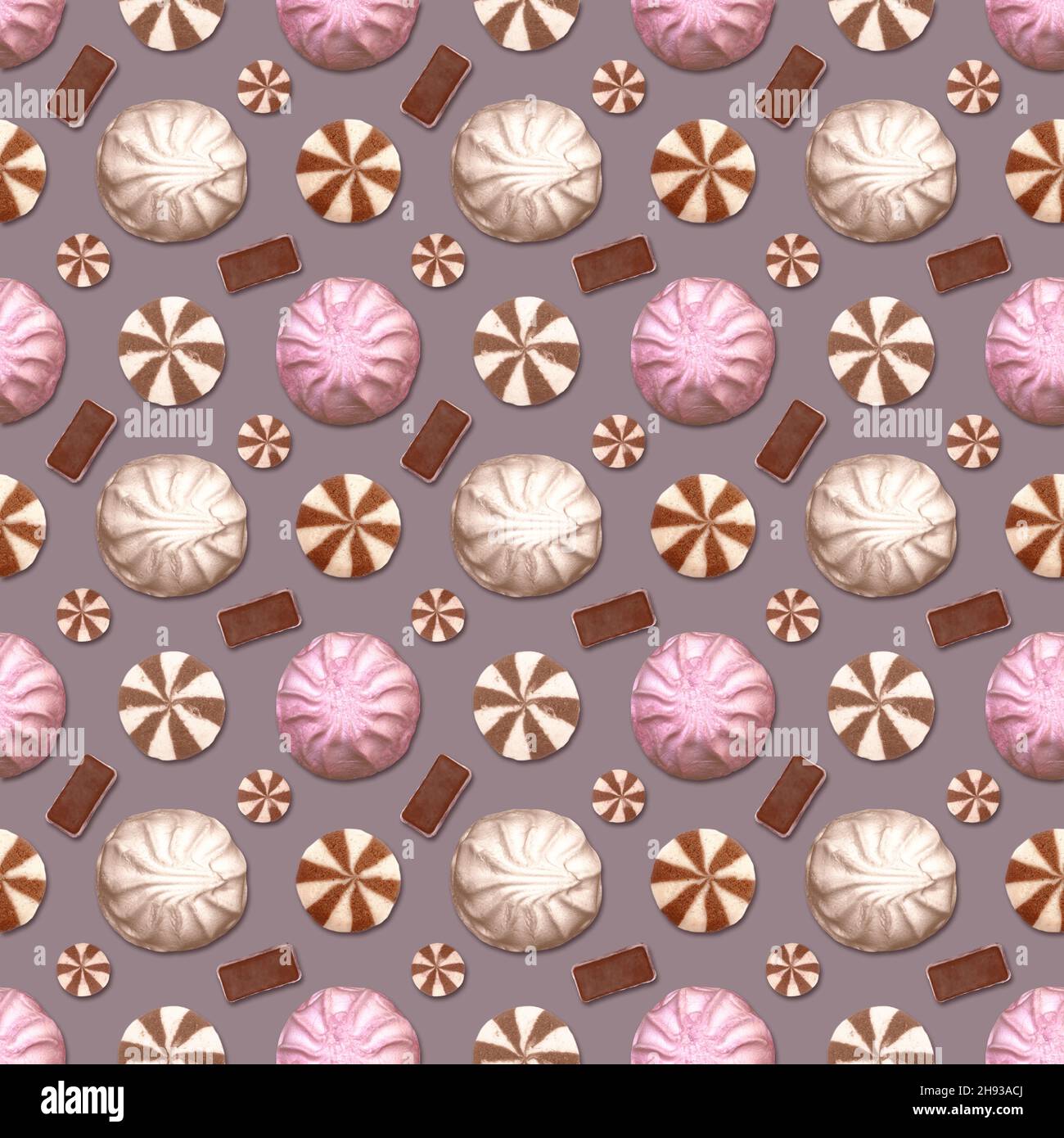 Seamless geometric pattern of sweets marshmallows, candies and cookies ...