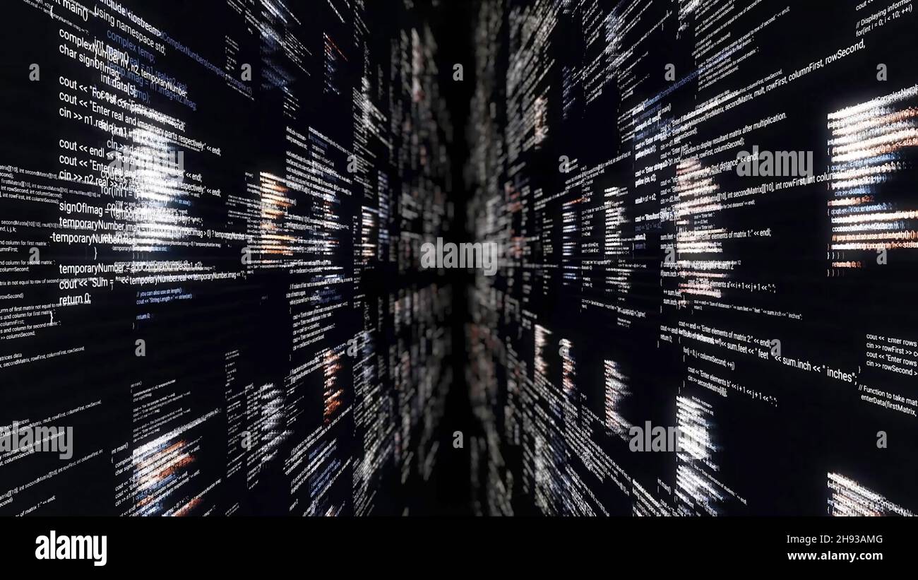 Source codes in cyberspace on black background. Animation. Dive into cyberspace with walls of ...