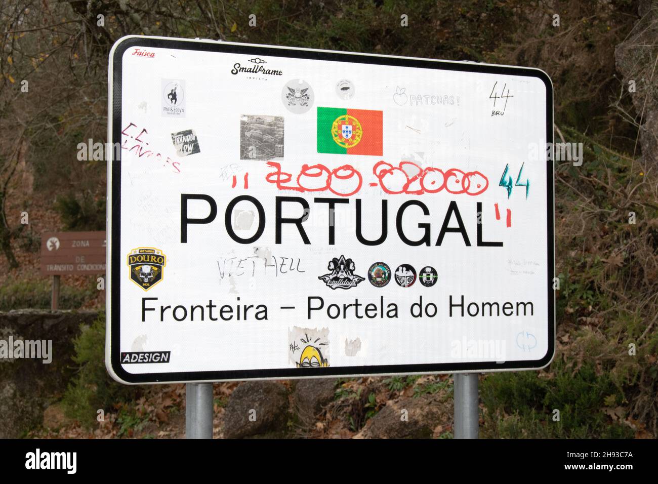 Portugal - Fronteira Portela do Homem road sign boarder indication ...