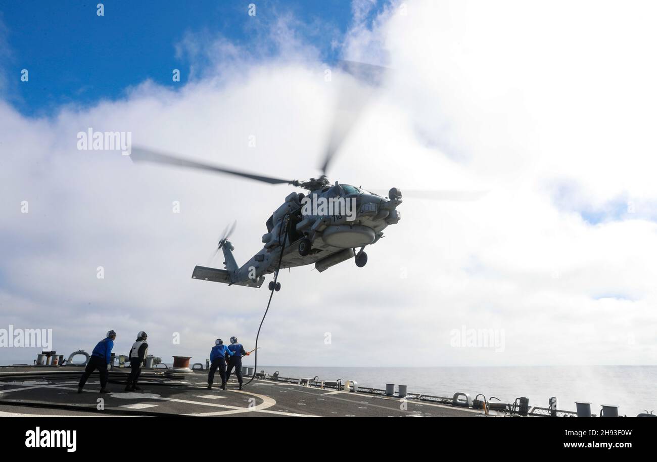 PACIFIC OCEAN (Nov. 15, 2021) Sailors hoist a pump for aerial refueling ...