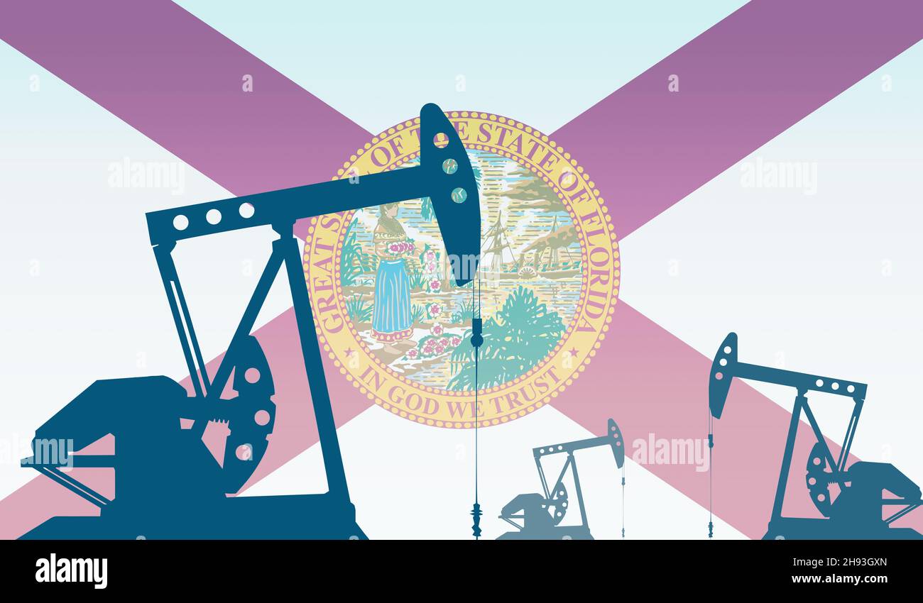 silhouette of oil pump against flag of Florida state USA. Extraction ...
