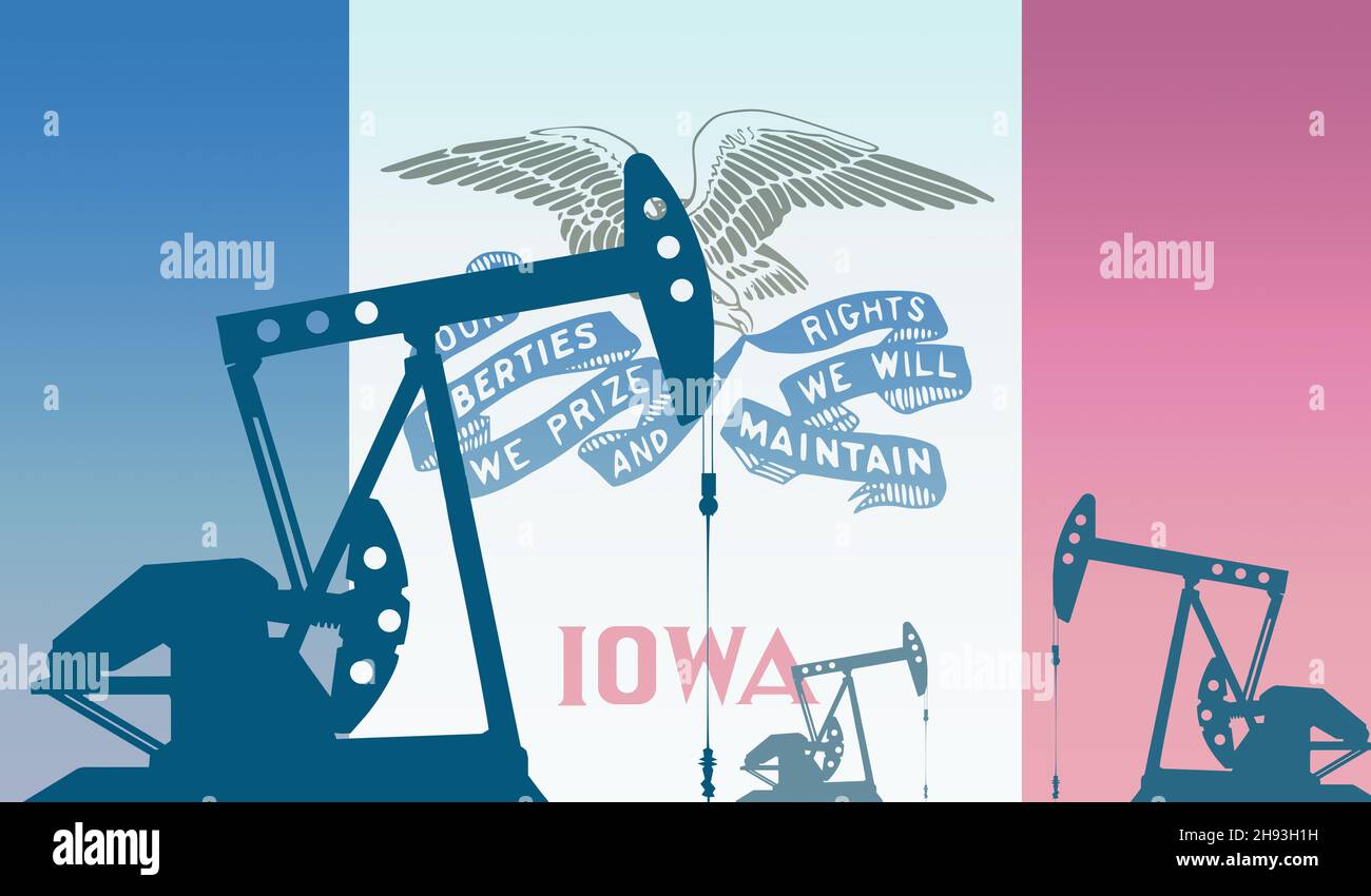 silhouette of oil pump against flag of Iowa state USA. Extraction grade ...