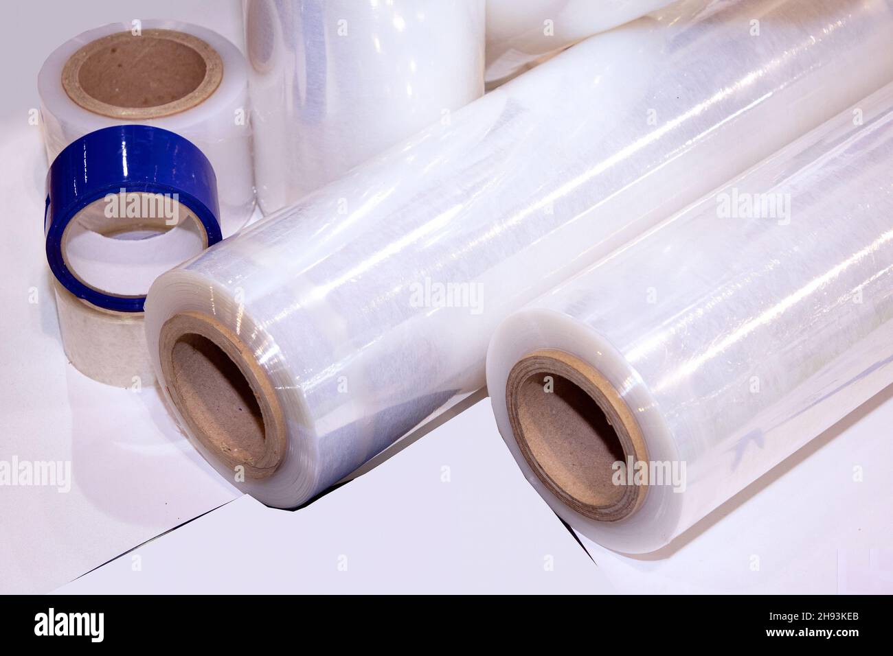 Stretch wrap rolls pile used in packaging industry Stock Photo - Alamy